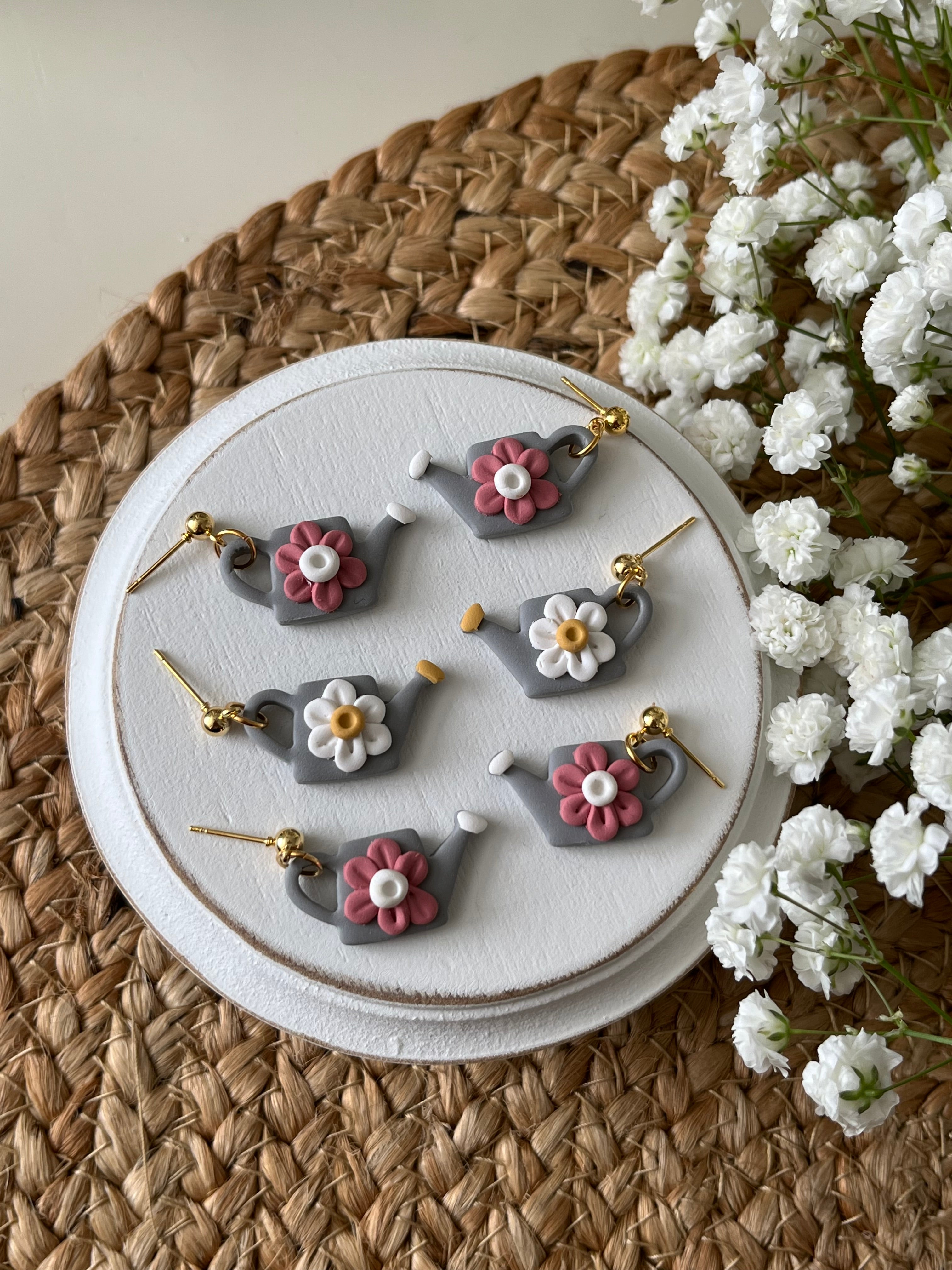 Watering Can Dangles / Grey Pink White Daisy Watering Can Shaped Dangle Earrings Handmade ...