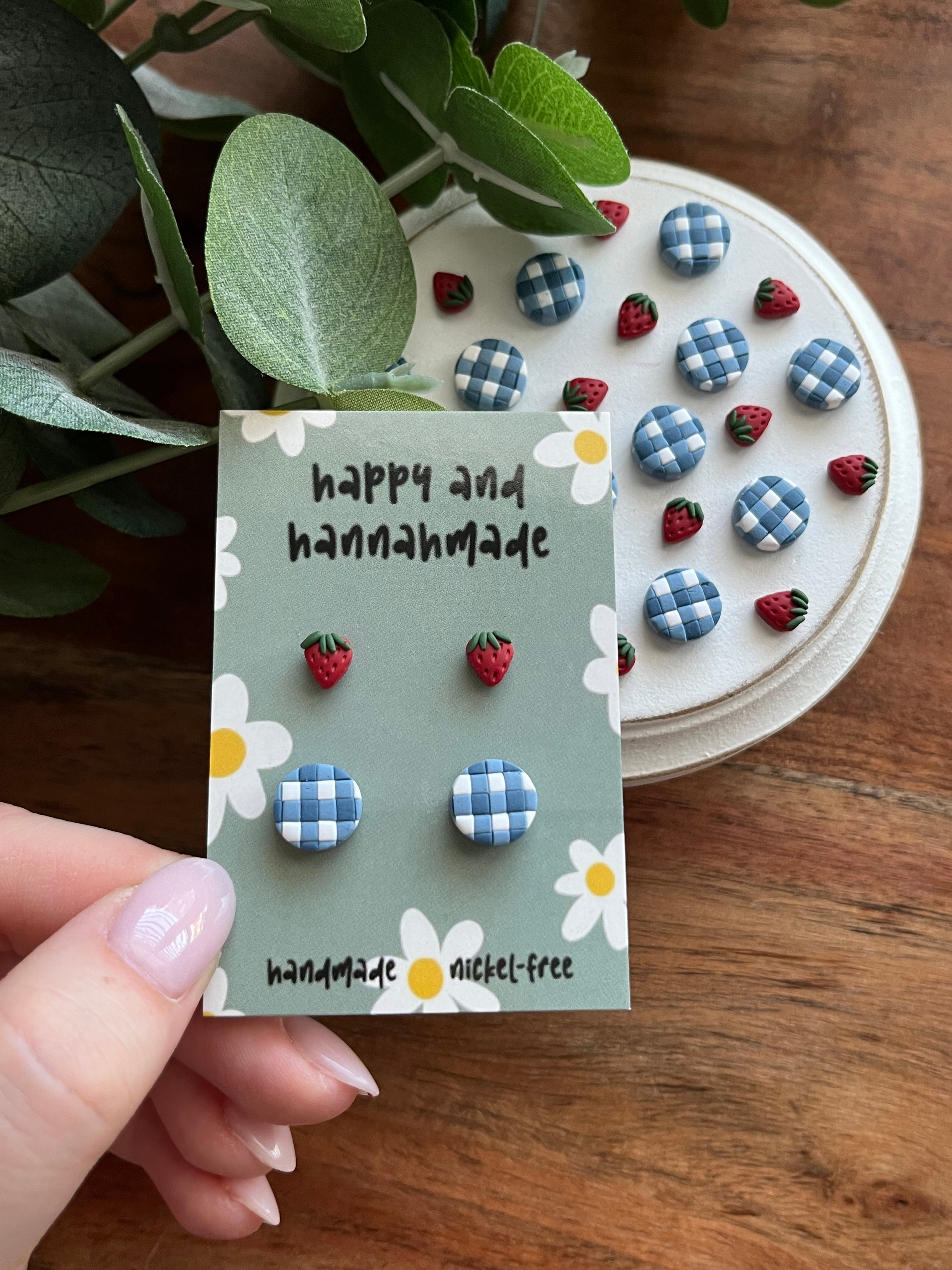 Strawberry Stud Pack / Red Fruit Blue Gingham Stud Earrings Pack ...
