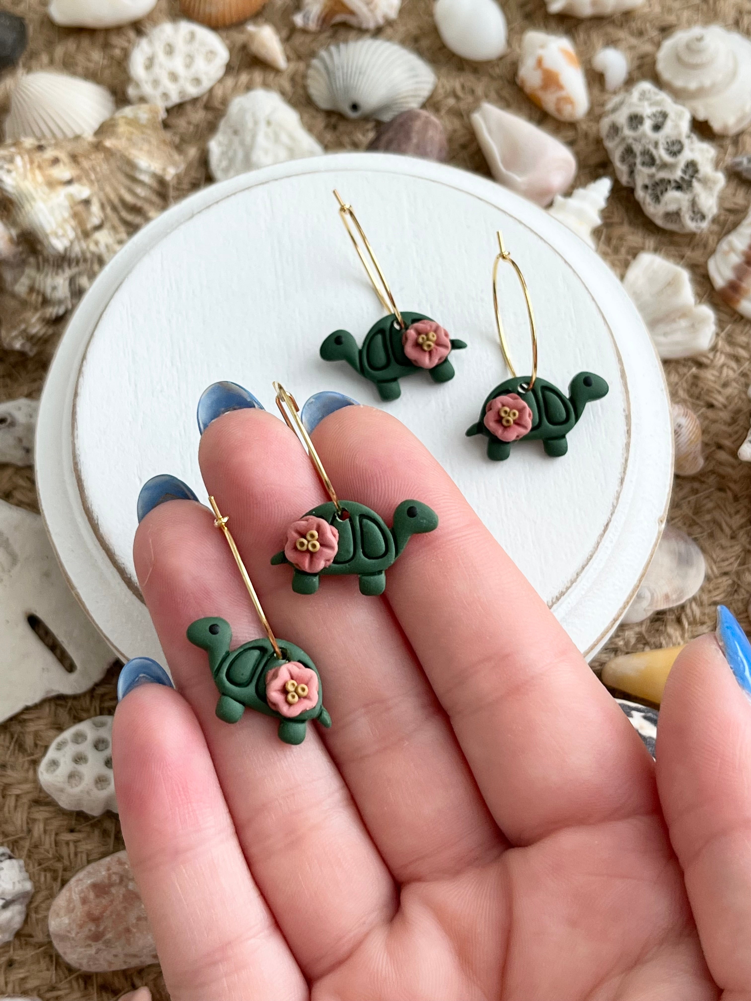 Myrtle the Turtle Hoops / Handmade Polymer Clay Green Turtle Pink ...