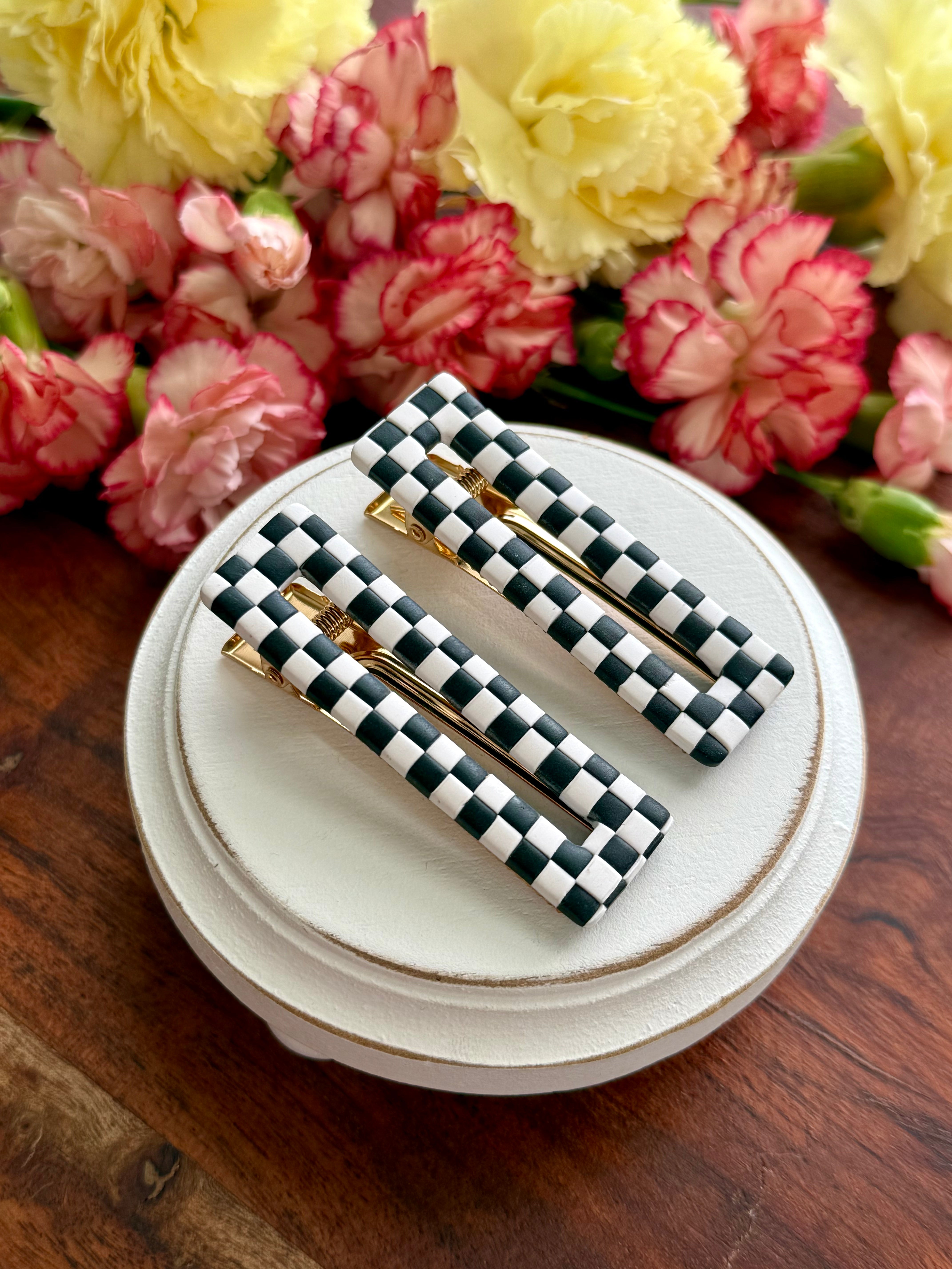 Checker Print Hair Clip / Black and White Checkerboard Pattern Handmade ...